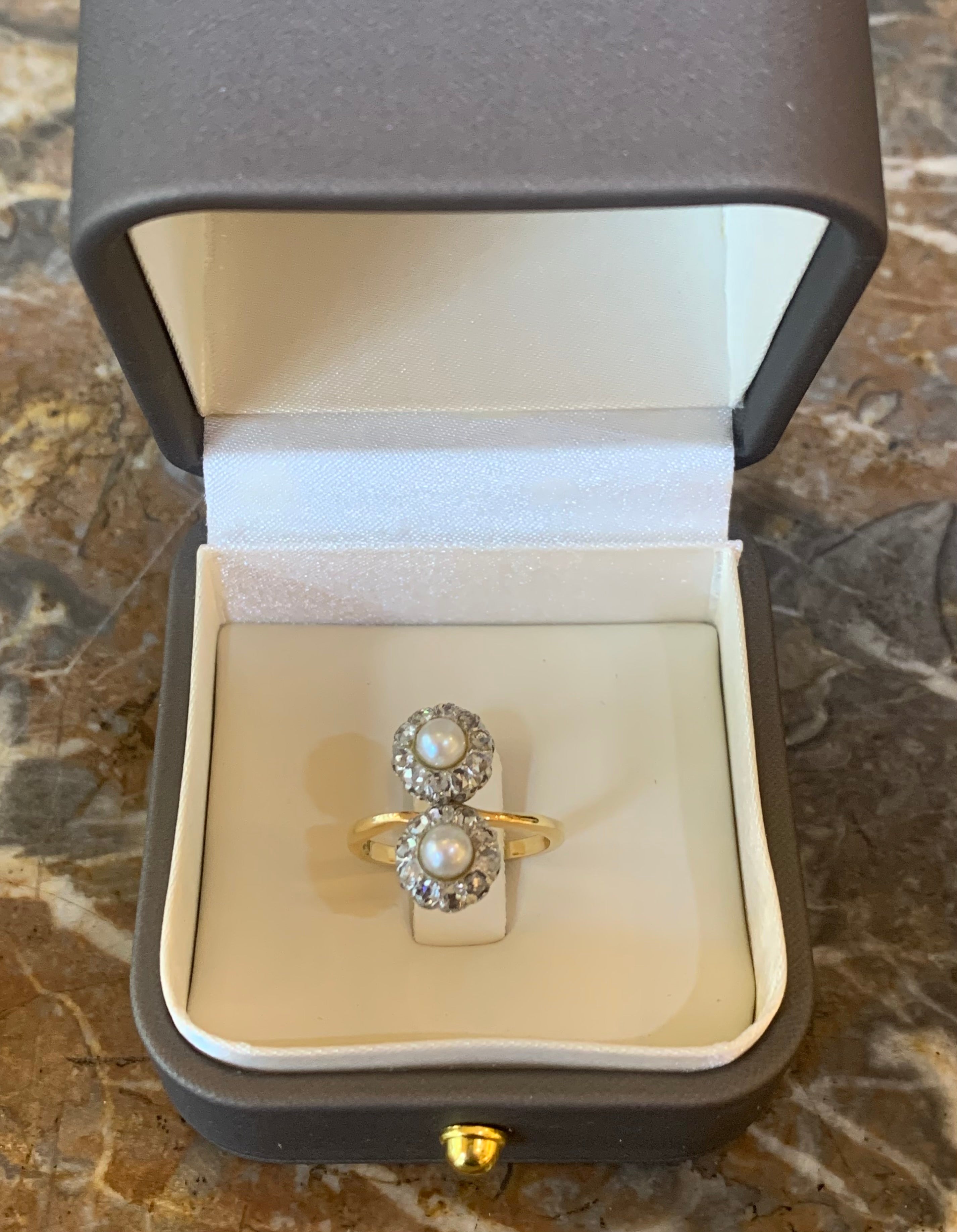 Antique Pearls Diamond Platinum 18 Carats Yellow Gold Toi & Moi Ring ...
